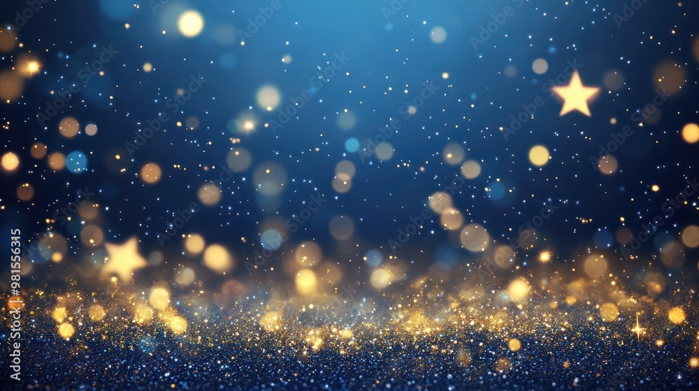 Abstract background with gold stars, particles and sparkling on navy blue. Christmas Golden ...