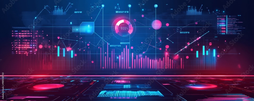 Digital Interface with Neon Data Visualizations, Charts, and Graphs, Futuristic Technology ...