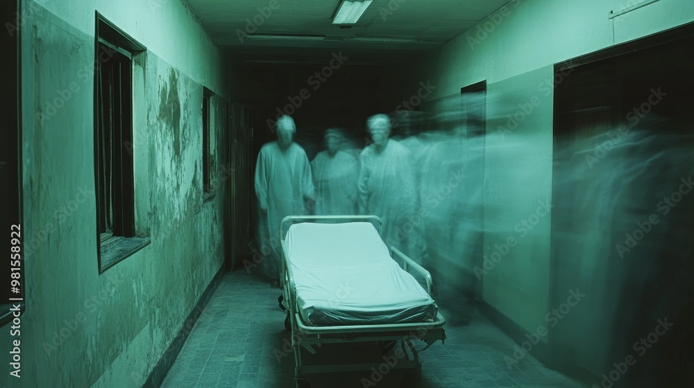 Ghosts in the Hospital Corridor, Green Tints, Blurred Figures, Medical ...