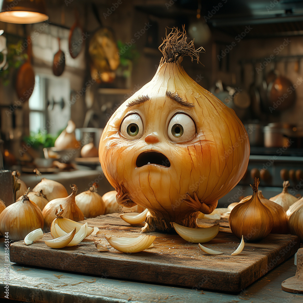 Anthropomorphic onion character with shocked expression in realistic ...