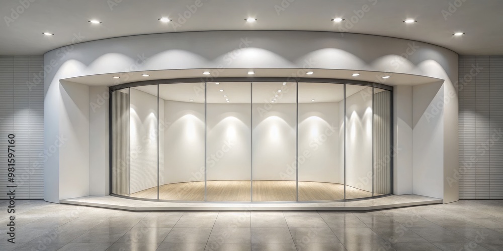 Modern Glass Shopfront with Curved Design, White Walls and Wooden Floor, Retail, storefront ...
