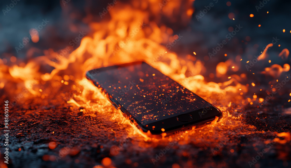 A smartphone is shown in the midst of an explosion, engulfed in fire ...