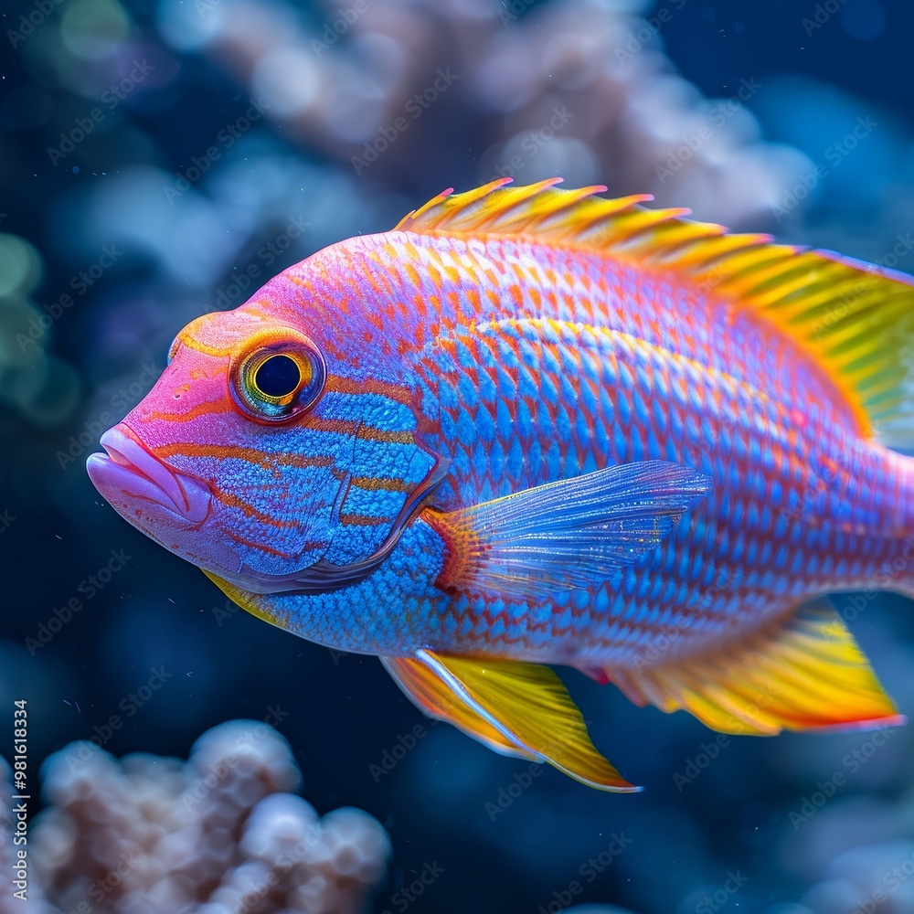 A vibrant coral reef fish with striking pink and blue coloration swims ...