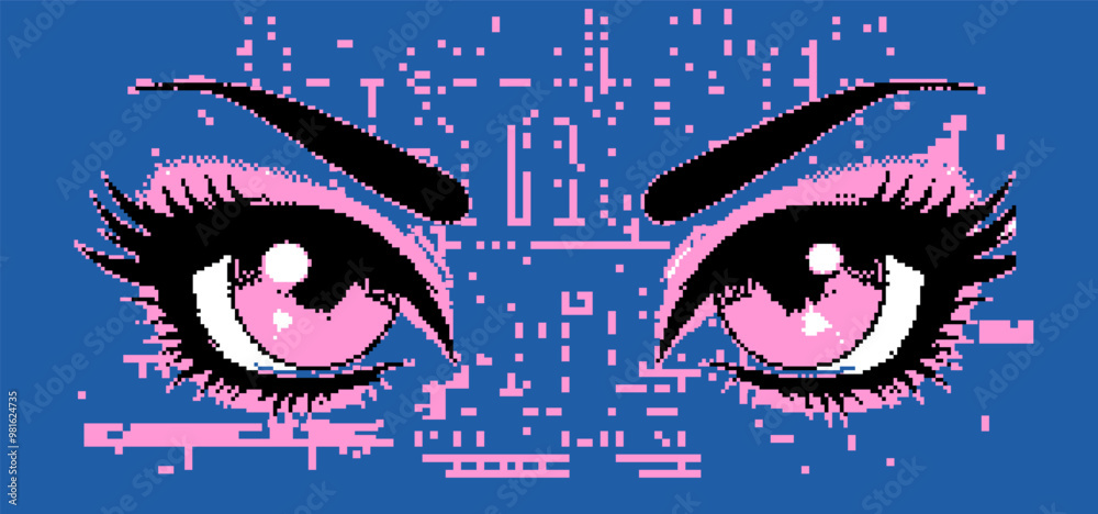 Pair of large and expressive, stylized, pixelated anime eyes in retro ...