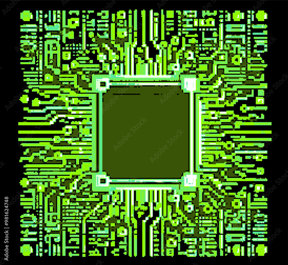 Pixelated illustration of a computer chip or circuit board, rendered in ...