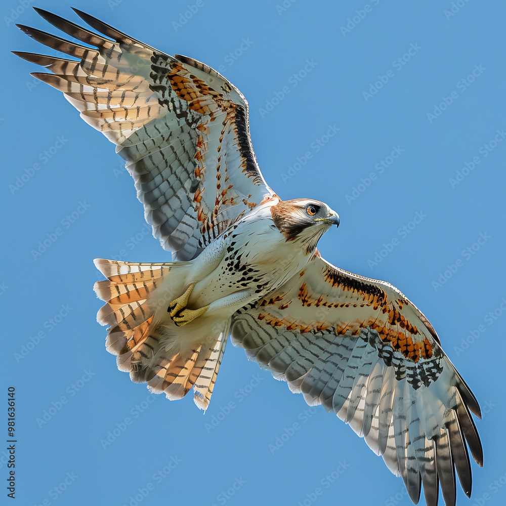 A hawk soars high above, showcasing its stunning plumage as it captures ...