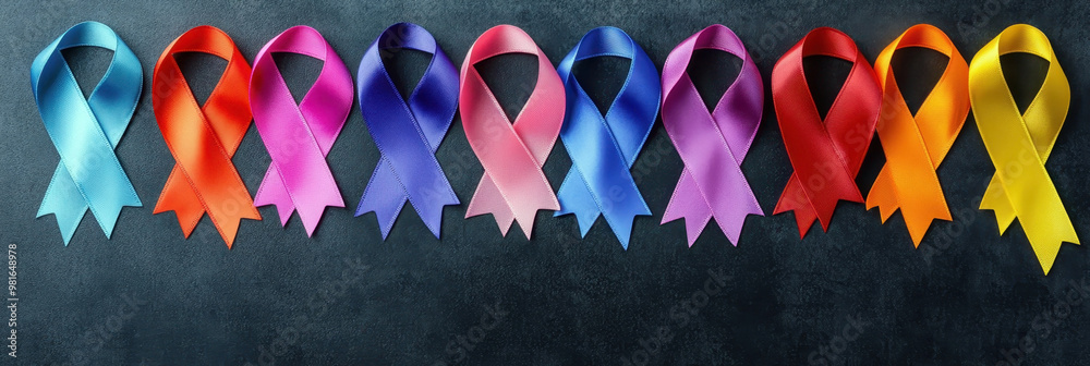 Ribbons of different colors on a stone background. World Cancer Day ...