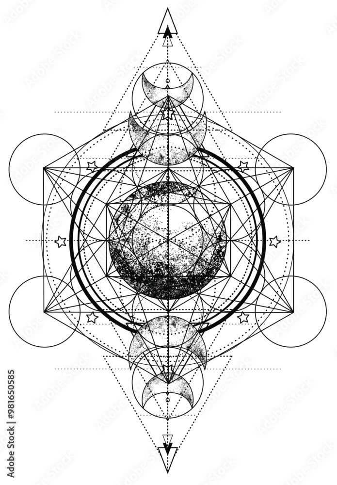 Metatron Cube. Moon pagan Wicca moon goddess symbol. Three-faced ...