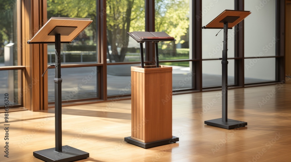 Three wooden lecterns stand on a hardwood floor in a room with large ...