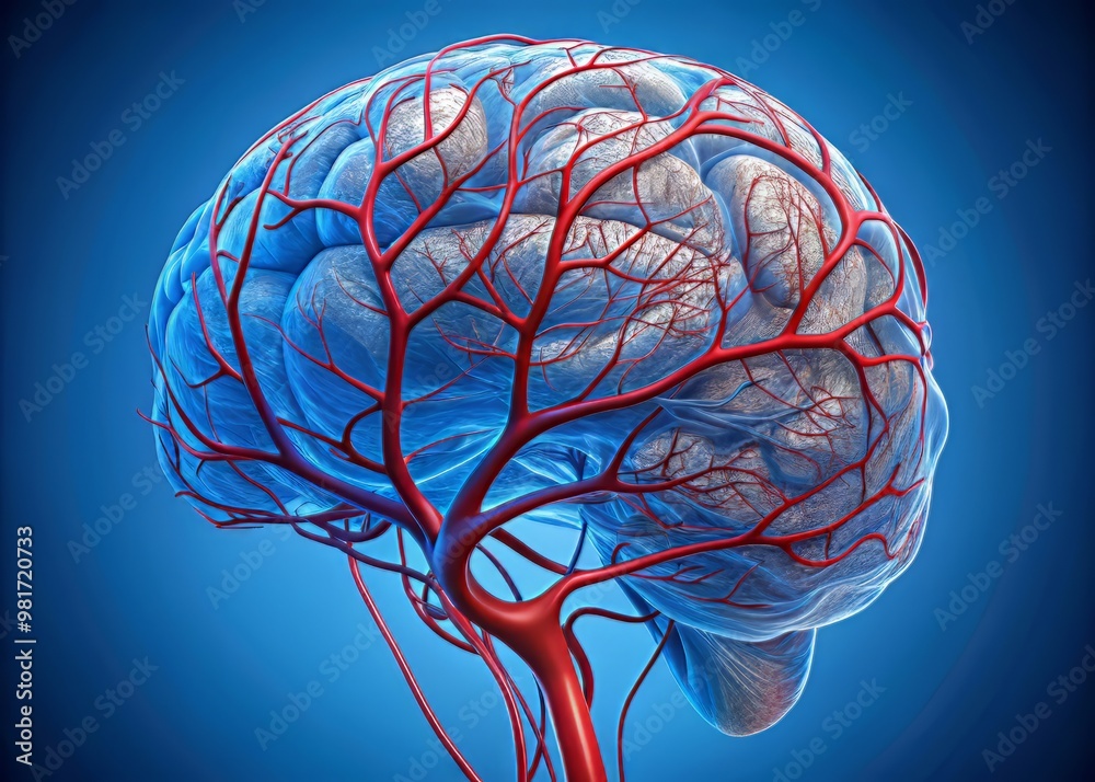 A vector graphic of the cerebrovascular system featuring a 3D ...