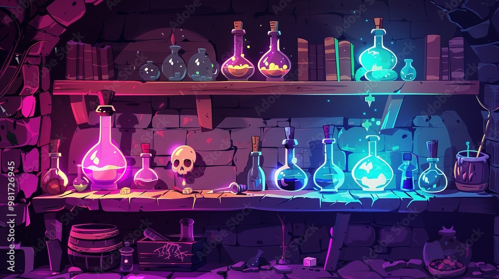Ilustración de Stock Cartoon Vector Scenes of an Alchemist Workbench ...