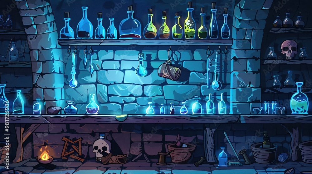 Cartoon Vector Scenes of an Alchemist Workbench: Skulls, Potions, and ...