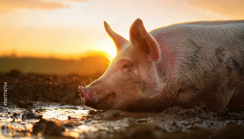 A pig lying in a mud puddle, enjoying the warmth of the setting sun ...