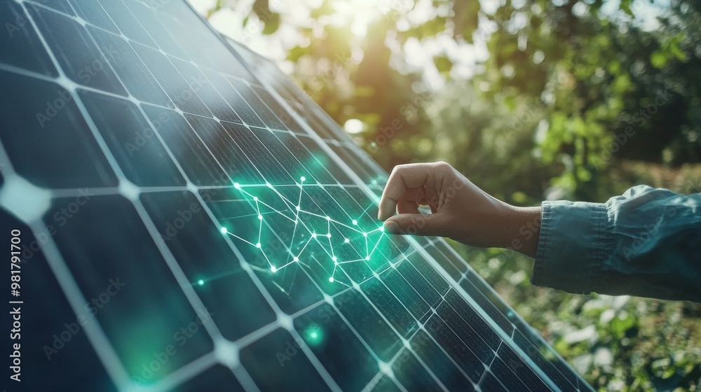 97. Detailed view of a professional hand on a solar panel, with ...
