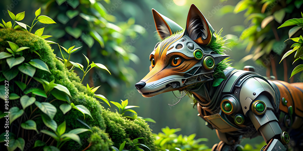 Futuristic robotic fox blending into green foliage, robotics ...