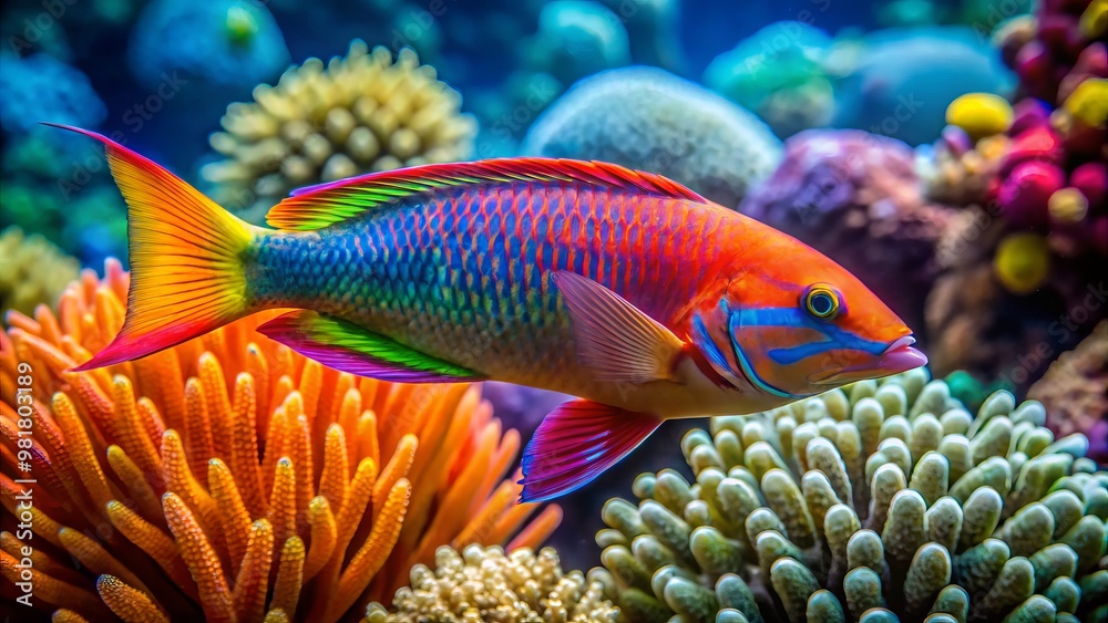 Vibrant Flasher Wrasse Swimming Among Coral Reefs in Crystal Clear ...