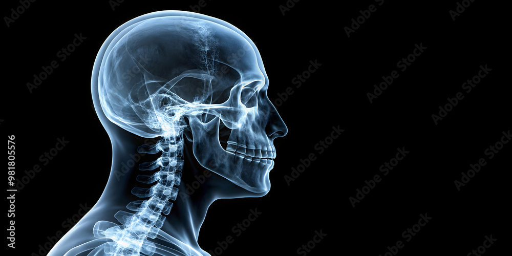 X-ray image of human skull and neck on dark background, x-ray, human ...