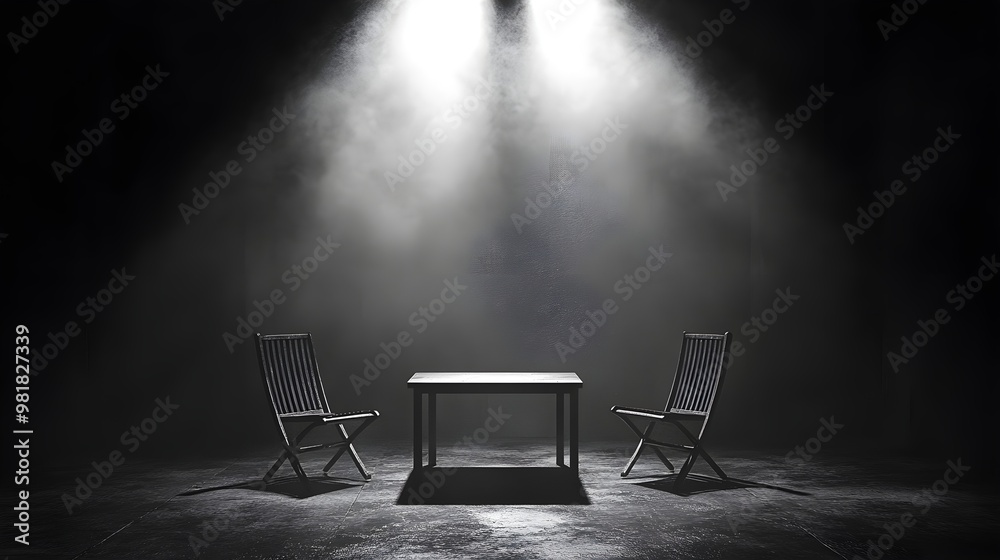 A dimly lit military interrogation room with bare concrete walls ...