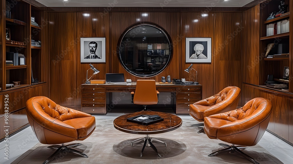 Modern private investigator's office with an interrogation room, sleek ...