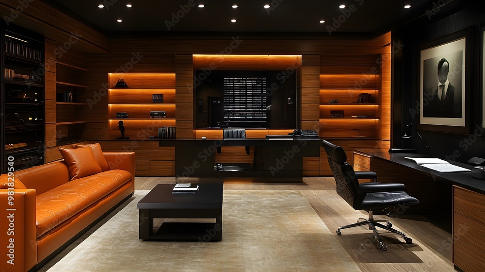 Modern private investigator's office with an interrogation room, sleek ...