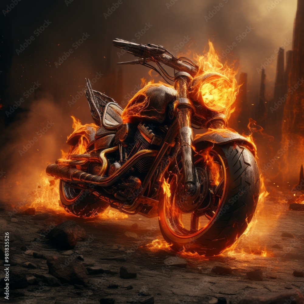 motorcycle located in a burning flame Created with Generative AI ...