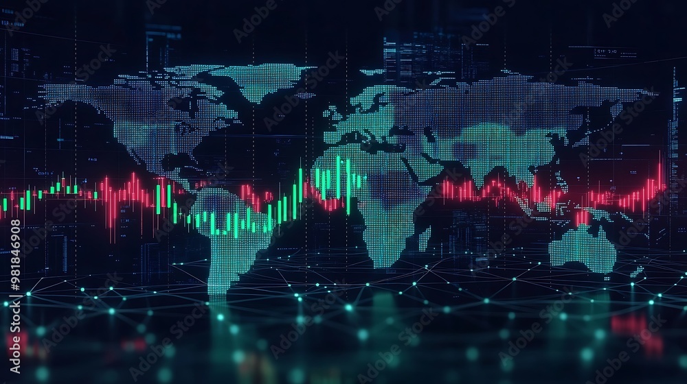 A glowing candlestick chart with rising green bars, displayed on a ...