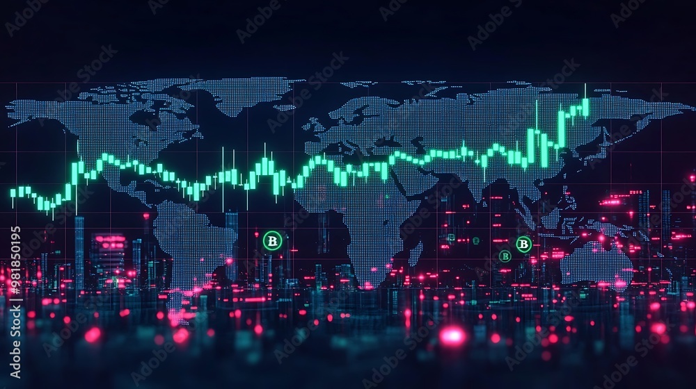 A vibrant cryptocurrency chart with green candlesticks rising steeply ...