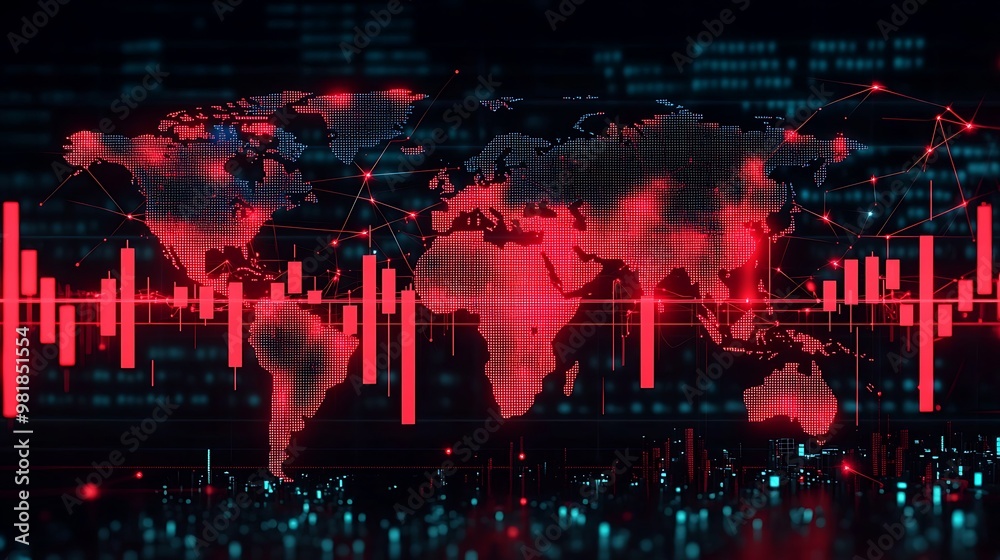 Plummeting red candlesticks on a stock market chart, overlaying a world ...