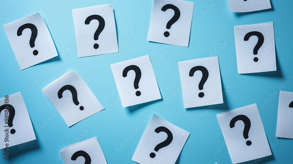 White sticky notes with black question marks on a light blue background ...