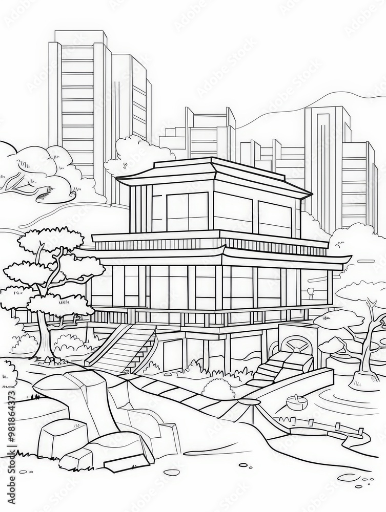 coloring page for kids, Building 63, Seoul, South Korea, cartoon style ...