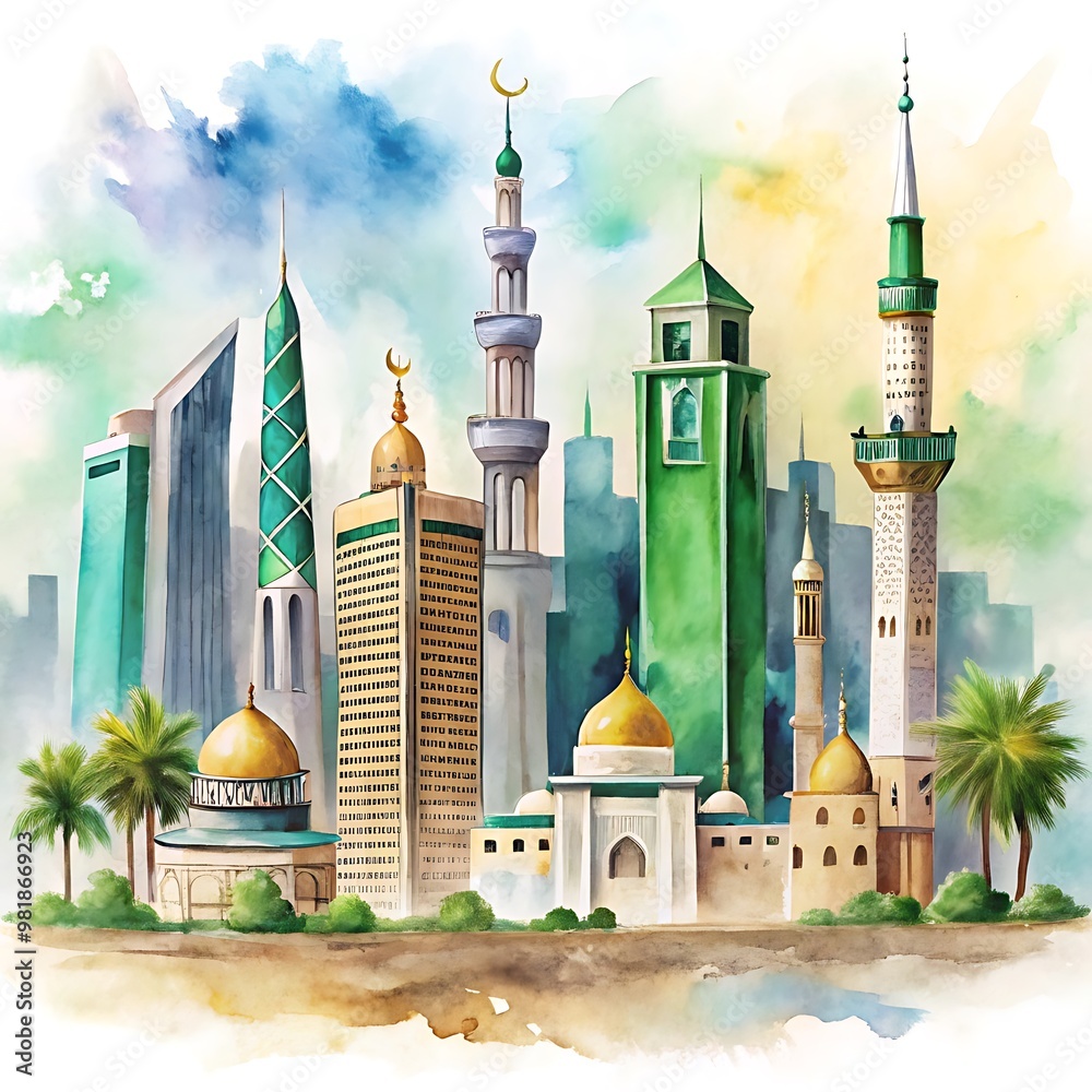 Saudi and Qatar National Day Poster Watercolor Illustration with Iconic ...