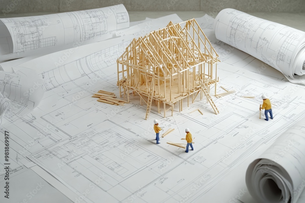 Construction Site Miniature with Blueprints Stock Photo | Adobe Stock