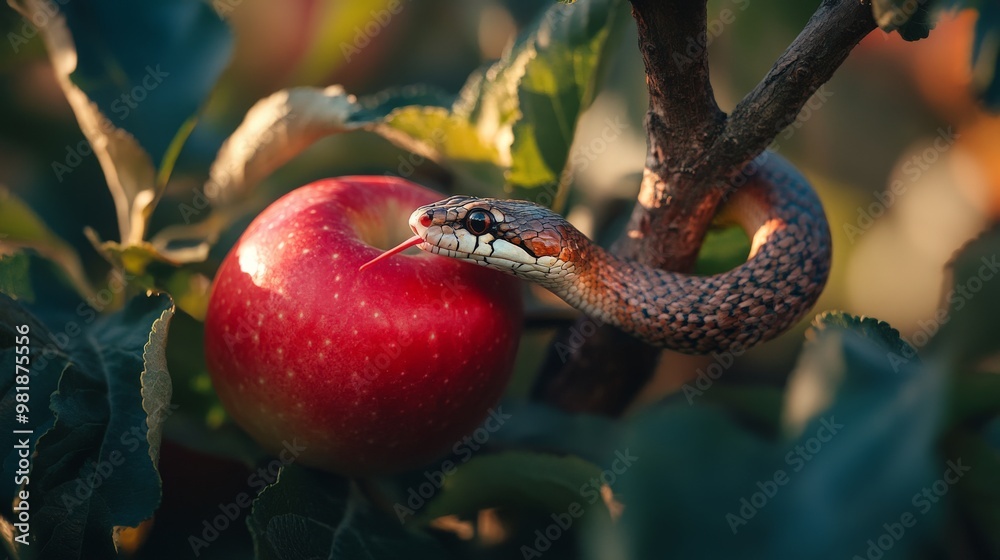 Snake in a apple tree next to a red apple representing original sin ...