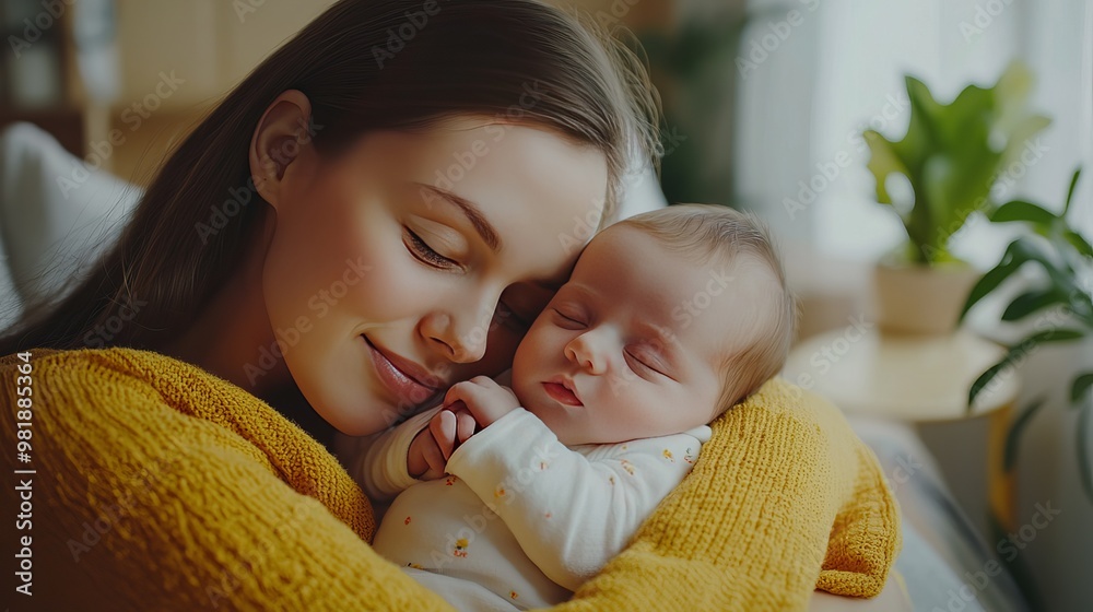 Devoted mother taking care of her newborn at home. Vibrant picture of a ...