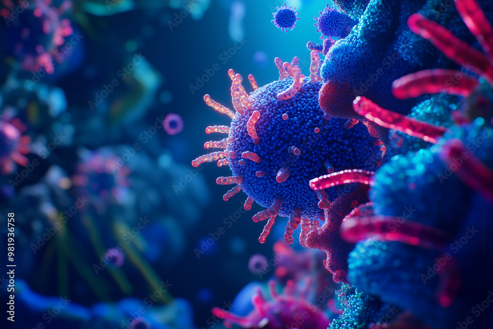 Viral infections blue and purple, Microorganisms under microscope ...