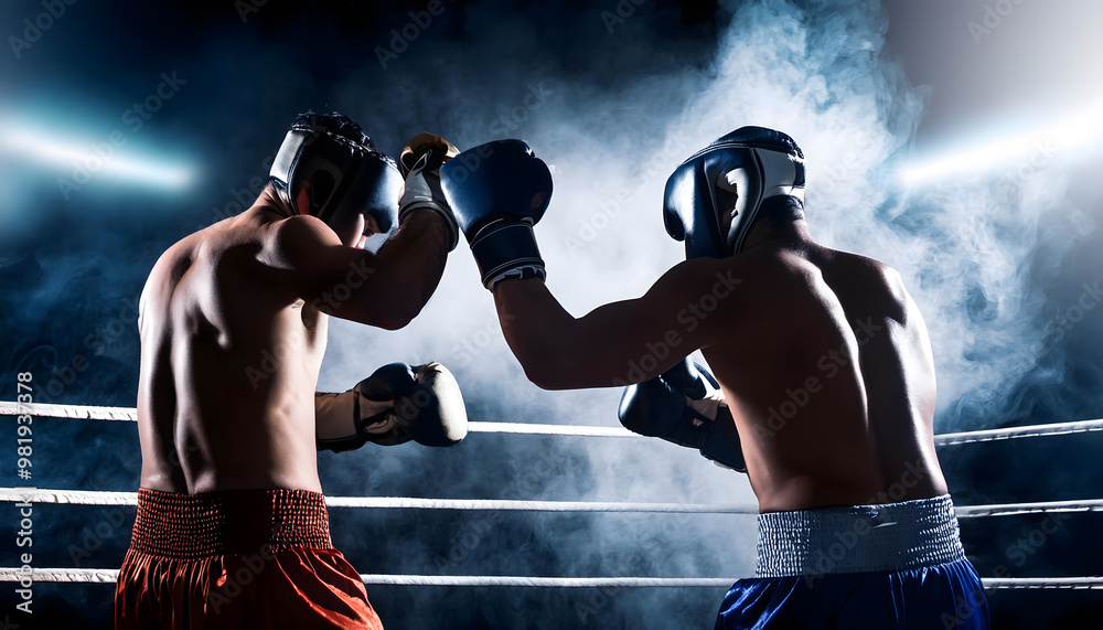Dramatic Two professional boxers fighting in the ring, Silhouette with ...