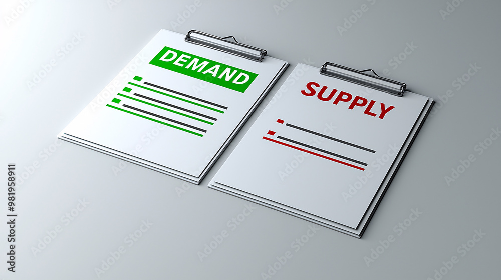 A 3D model of two financial documents: one labeled "DEMAND" in green ...