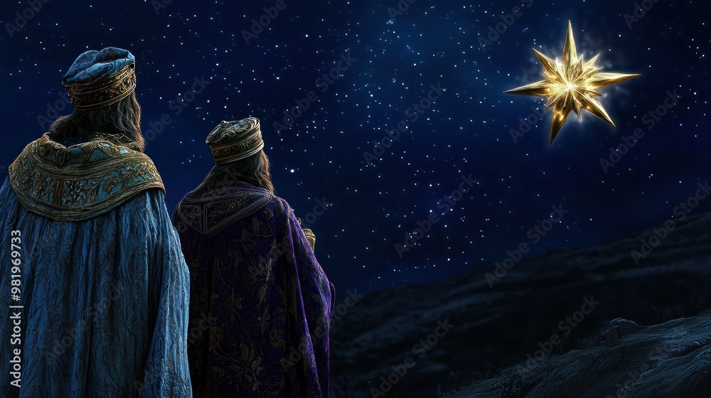 Christmas star on blue sky and three wise men. Christian illustration ...