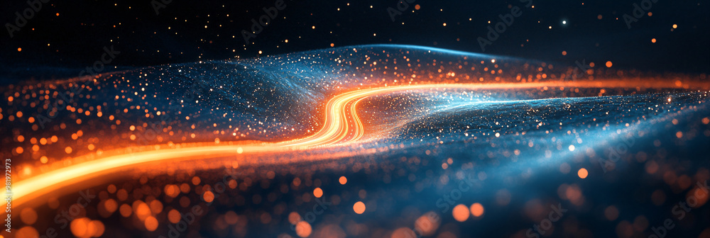 Dynamic cosmic highway of blue light trails and fiery particles ...