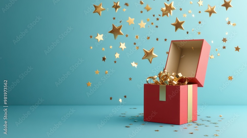 open gift box with floating stars customer award bonus isolated outline ...