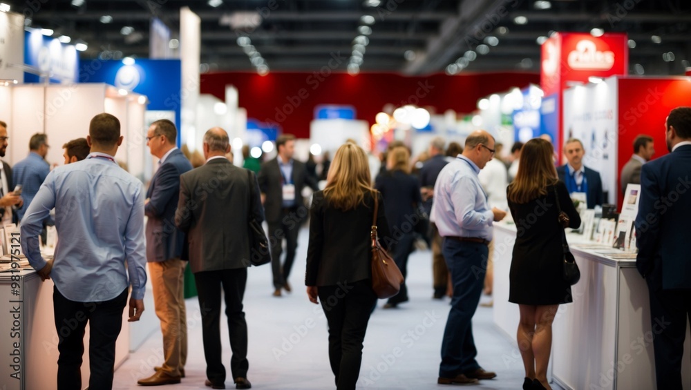 Blurred rear view of people browsing booths at an exhibition. Stock ...