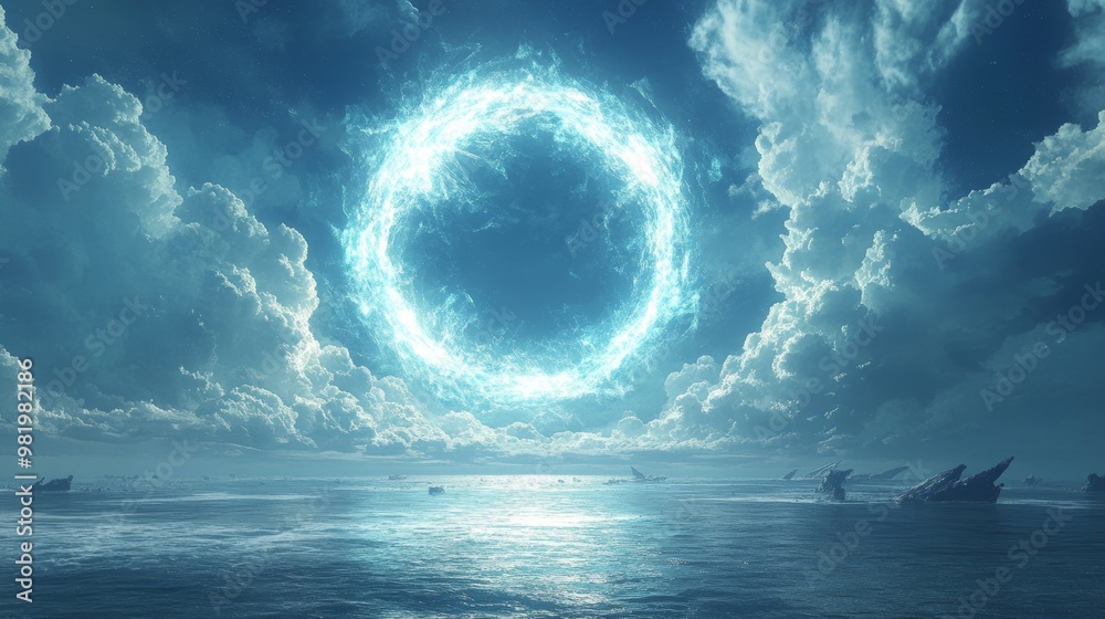 Over a calm ocean, a colossal energy ring opens in the sky, showing a ...