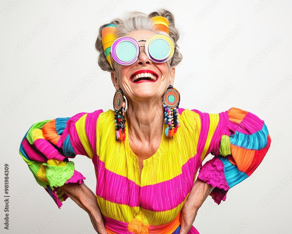 Laughing older woman in neonstriped dress, oversized glasses, and funky ...