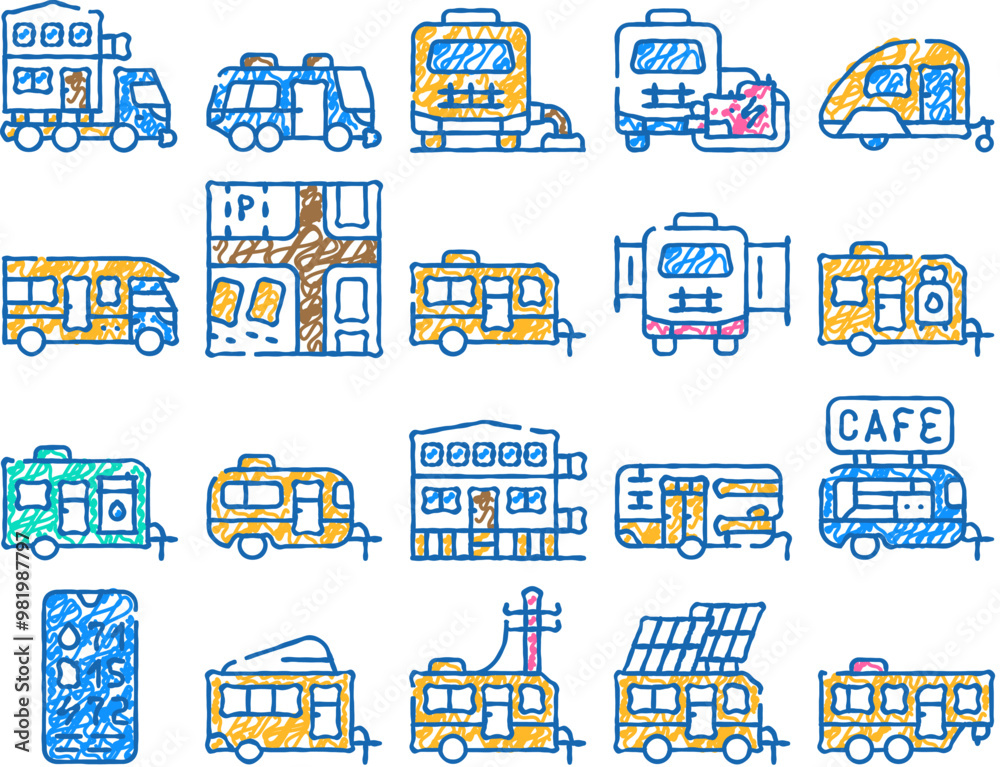 modular house trailer doodle icons set vector. sketch line art house ...