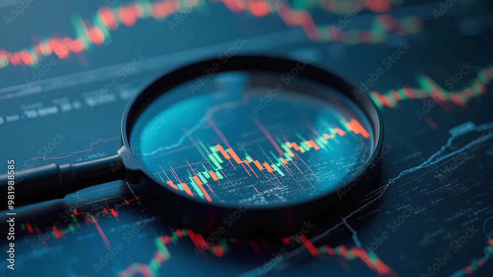 Magnifying glass over digital financial charts symbolizing data ...
