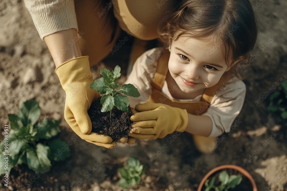 Closed-up of mother and daughter seedling plant in the garden, Children ...
