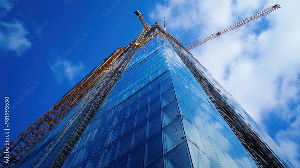 A nearly completed skyscraper with the final sections of the spire ...