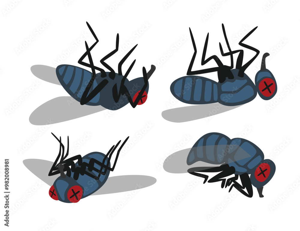 Set of dead fly collection, dying house fly cartoon, lying corpse of ...