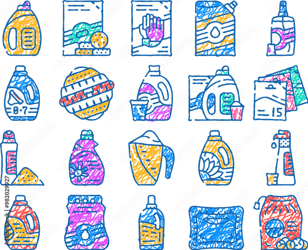 detergent washing doodle icons set vector. sketch line art detergent ...