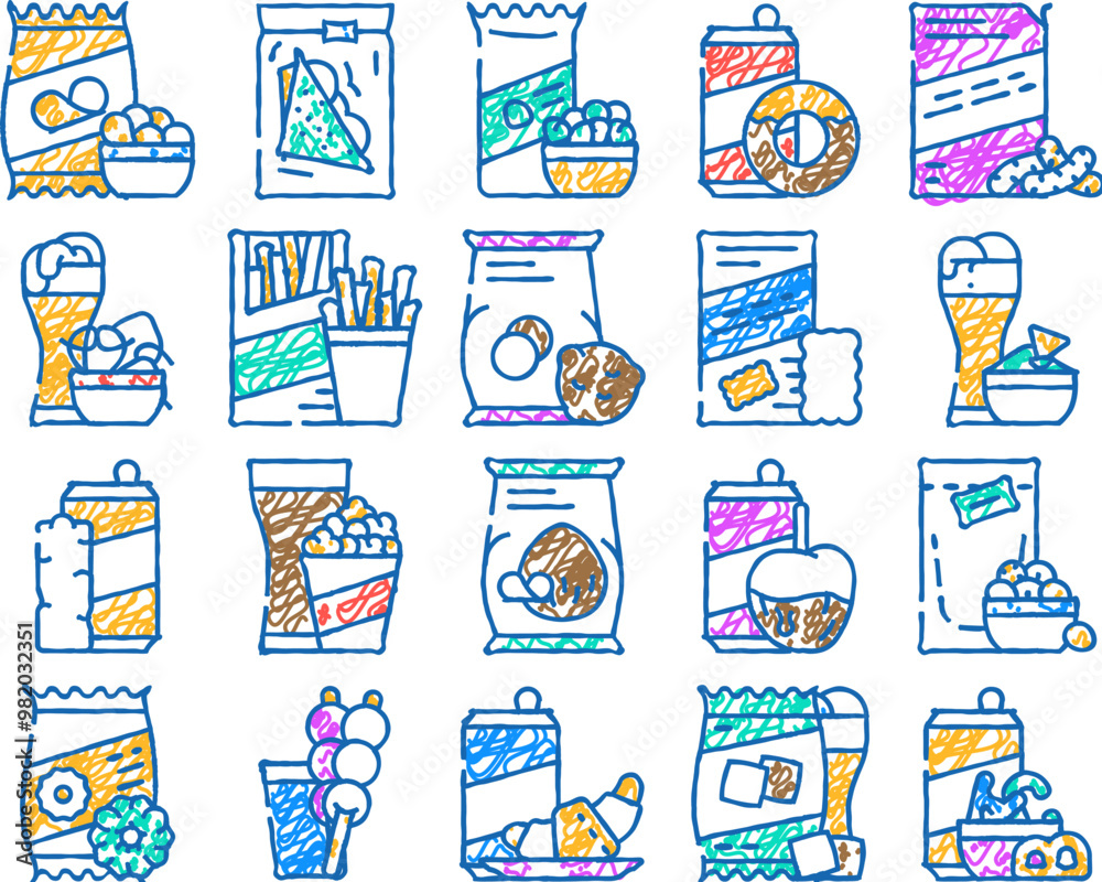 snacks food and drink doodle icons set vector. sketch line art dried ...